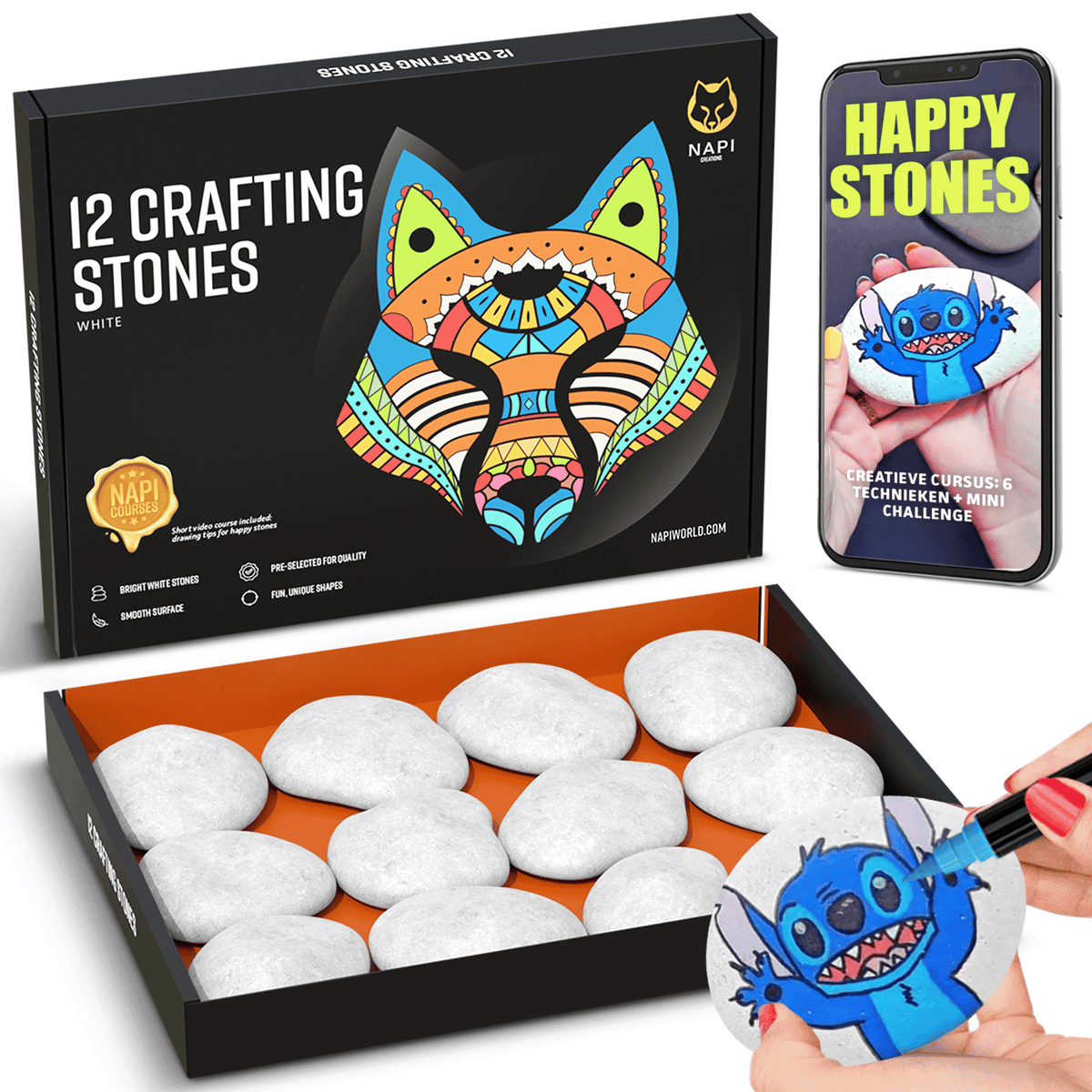 NAPI Happy Stones – 12 Stuks - Witte Schilderstenen met Online Cursus ...